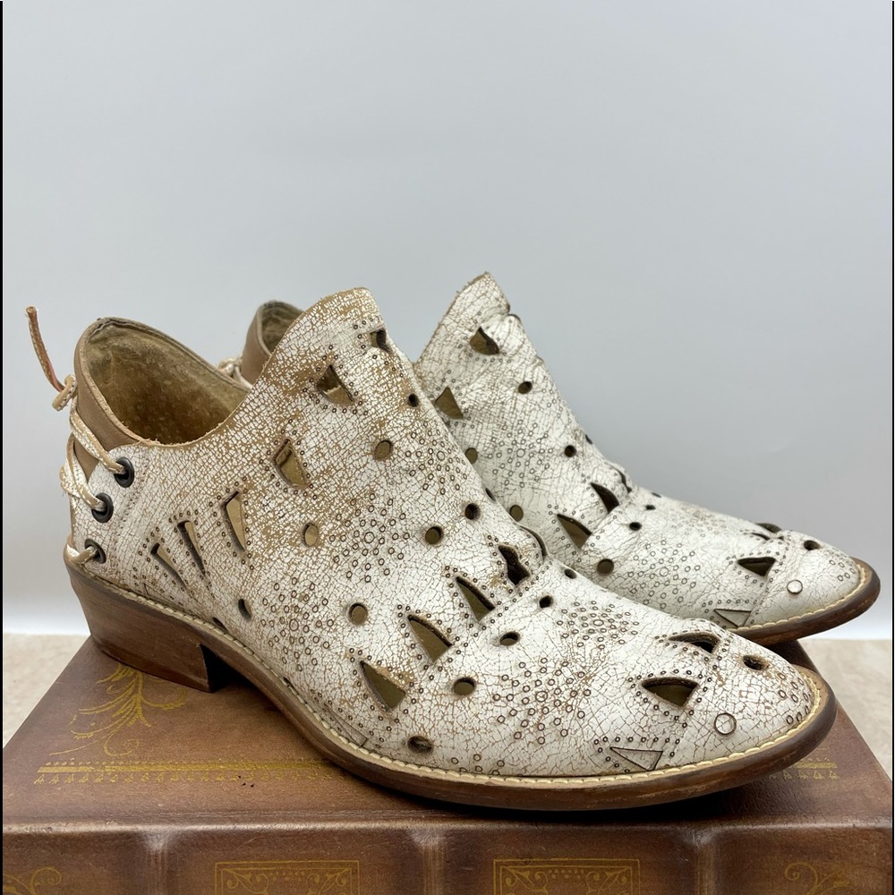 Distressed Ivory Laser Cut Seville Leather Booties - Gem